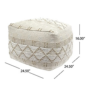 Christopher Knight Home Mag Large Square Casual Pouf, Boho, Ivory Chindi and Hemp