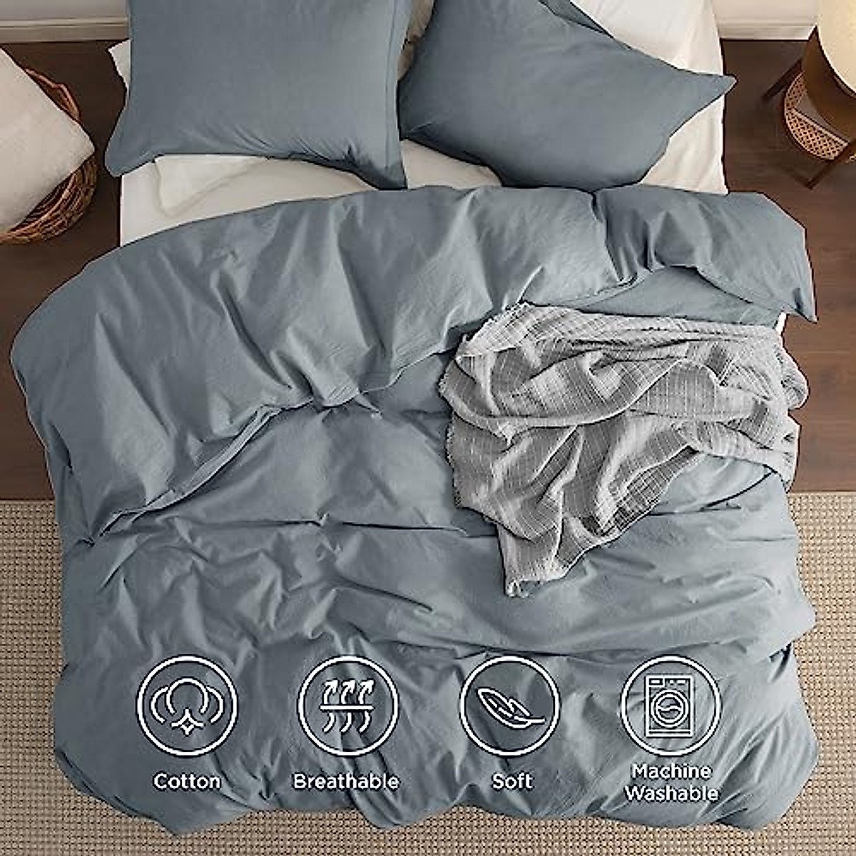 Bedsure 100% Washed Cotton Duvet Cover Queen - Grey Blue Minimalist Cotton Duvet Cover Set Linen Like - 3 Pieces Plain Simple Cotton Duvet Cover Set with 2 Pillow Shams (Grey Blue, Queen, 90"x90")