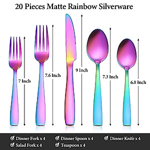 E-far 20-Piece Matte Rainbow Silverware Set, Stainless Steel Flatware Set for 4, Colorful Cutlery Set Include Forks Spoons and Knives for Kitchen Home Restaurant, Satin Finish & Square Edge Handle
