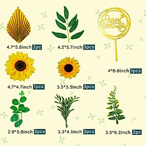 18 PCS Sunflower Cake Toppers, Sunflower Cake Decoration with Sunflowers, Golden Palm Leaves and Eucalyptus Leaves for Birthday Party, Wedding, Baby Shower, Sunflower Party Supplies