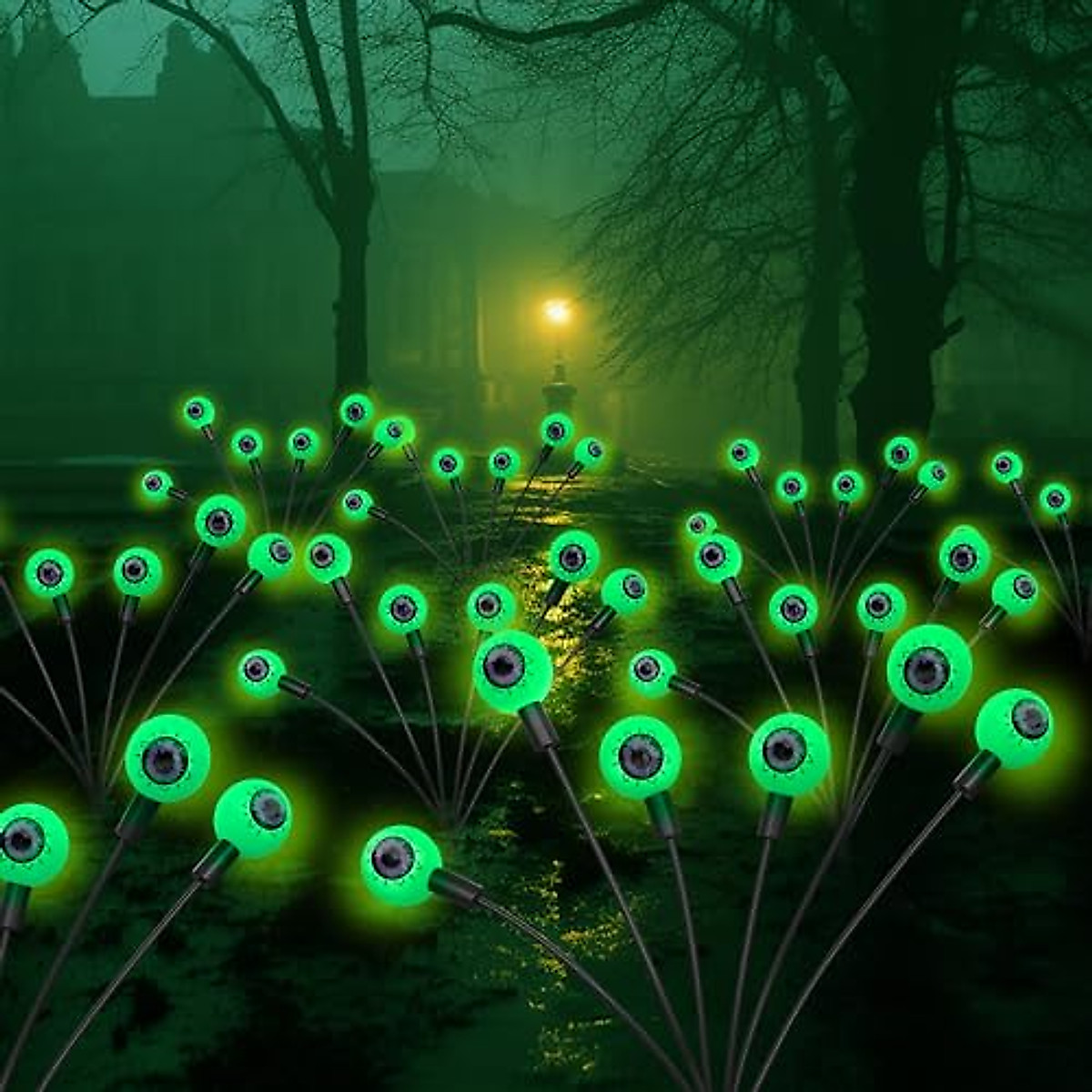 Halloween Decorations Outdoor Solar Scary Eyeball Lights - 2 Pack 12 LED Waterproof Halloween Path Lights, Green Eyeball Swaying Firefly Lights for Yard/Garden/Lawn/Party/Landscape Decoration