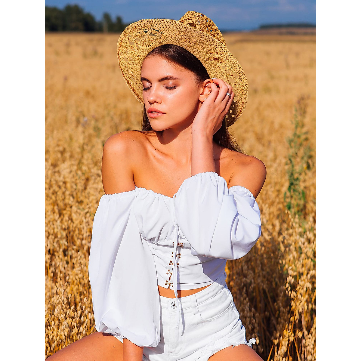 Didaey 2 Pcs Woven Straw Cowboy Hat for Women Wide Brim Cowgirl Hat Western Cowboy Hat Men Women Straw Hat for Hiking Fishing (Black, Khaki)