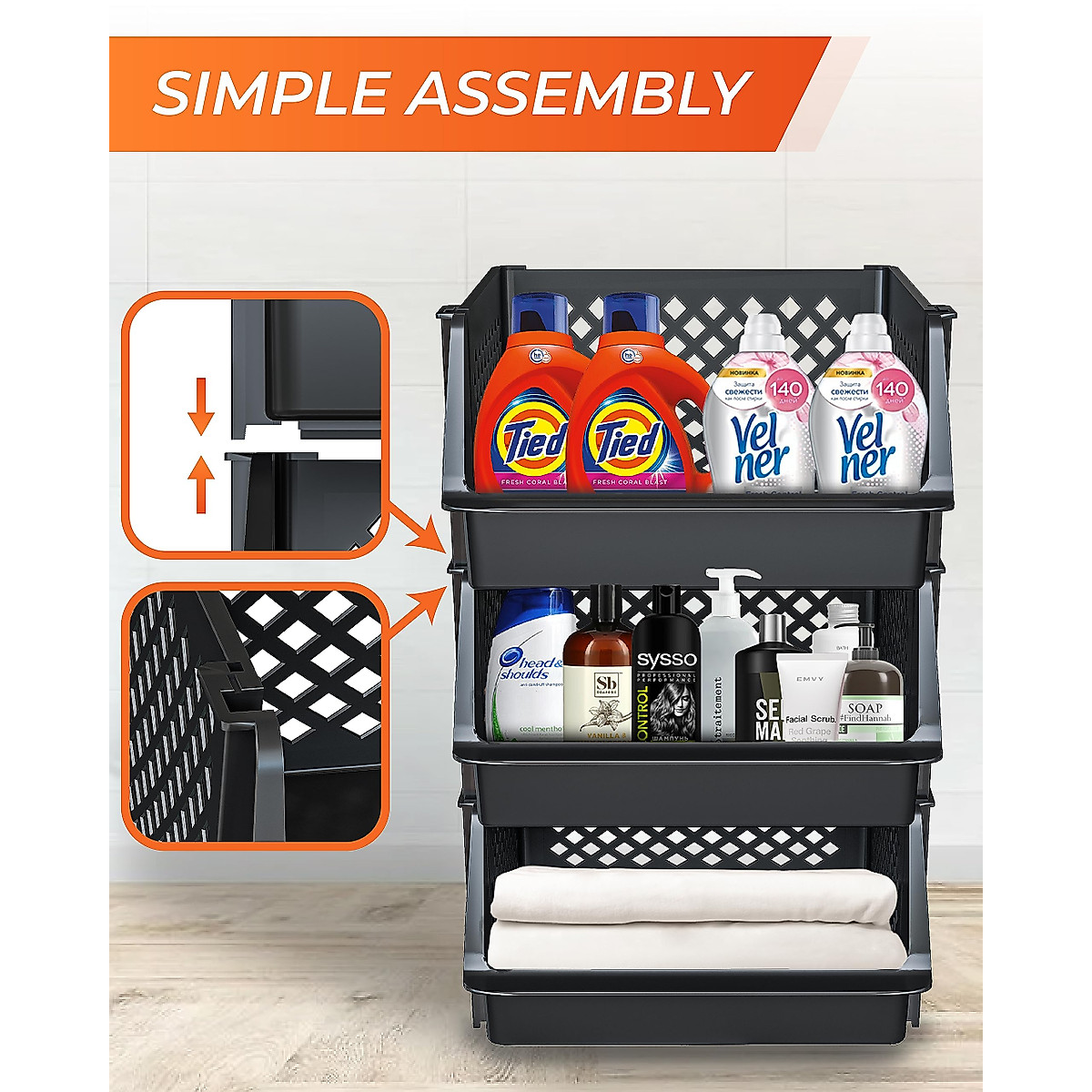 Skywin TidyFriend Large Plastic Stackable Storage Bins for Pantry Black - 3-Pack, Large Stackable Bins For Organizing Food, Kitchen, and Bathroom Essentials (Rhombus)