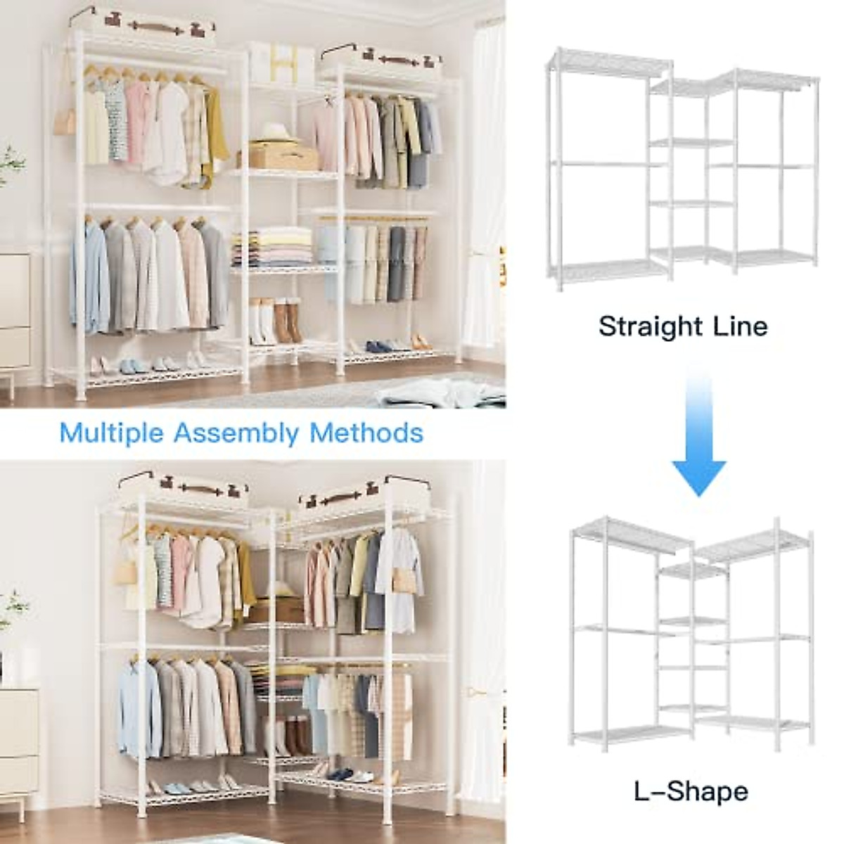 Ulif E4 Garment Rack, Freestanding Closet Organizer and Storage System, Heavy Duty Clothing Wardrobe with 8 Shelves and 4 Hanger Rods, Max Load 920 LBS, 71.6”W x 14.5”D x 79.3”H, White
