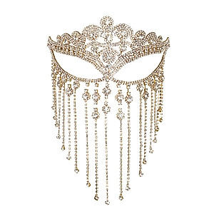 MineSign Masquerade Mask Chain for Women Boho Tassel Head Chain Vintage Rhinestone Halloween Face Jewelry for Party Cosplay Gold