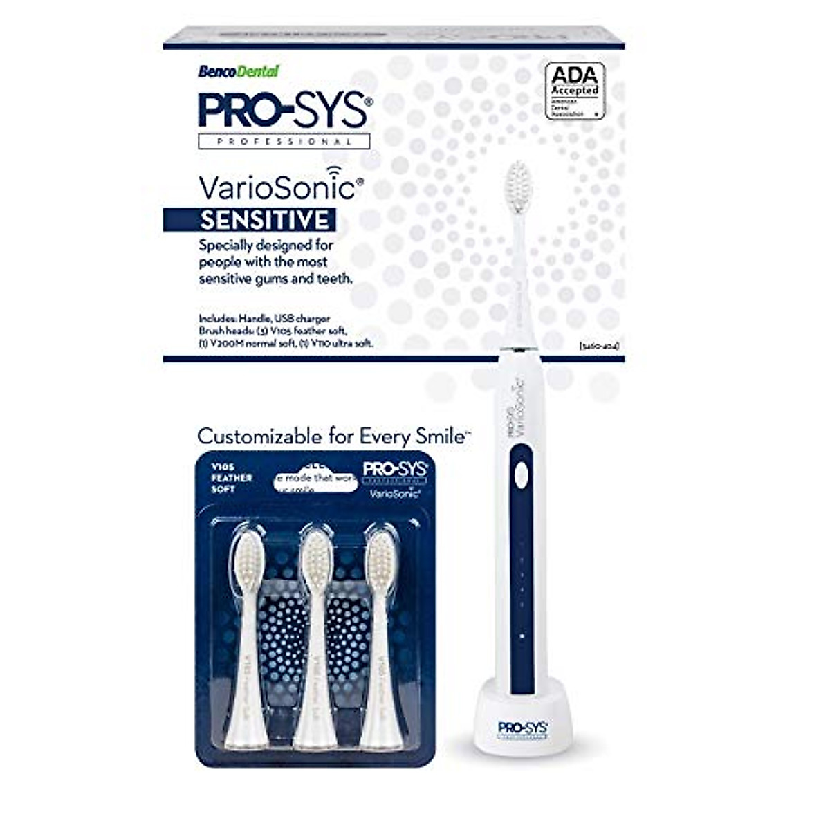 PRO-SYS VarioSonic Sensitive Teeth and Gums Rechargeable Power Electric Toothbrush, 5 Replacement Dupont Brush Heads, ADA Accepted Smart Sonic Toothbrush with Timer