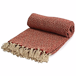 Cotton Throw Blanket 65x50 - Red Christmas Beautifully Knitted Chevron Pattern Throw Blanket with Fringe - Lightweight Warm Cozy Soft Elegant - Best for Chair Sofa Couch Bed - Home Living Room Decor