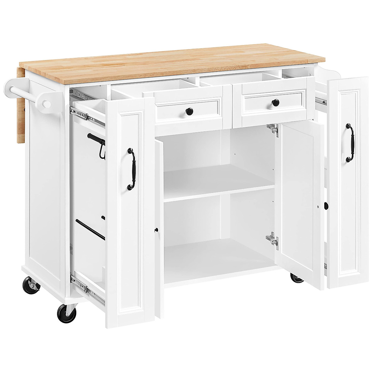 Yaheetech 52"W Kitchen Island with Drop-Leaf Breakfast Bar and 2 Pull-outs, Kitchen Cart on Lockable Wheels with Rubberwood Top & 2 Drawers & Adjustable Shelves, Storage Cabinet for Dining Room, White