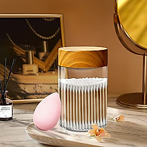 Homesweet Qtip Holder Bathroom Set, 2 Bathroom Jars with Tray, 11oz Plastic Airtight Jars Perfect for Family with Kids, Moisture-Proof, Bamboo Tray with Non-Slip Pads, Wood Color