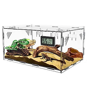 Reptile Terrariums, with Temperature Hygrometer, 11.8"x7.9"x5.9" Acrylic Reptile Breeding Box Terrarium Cage Tank for Small Reptile Insect Home Office