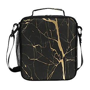 Pfrewn Luxury Black Gold Marble Lunch Box Luxury Black Gold Marble Insulated Lunch Bag Reusable Cooler Meal Prep Bags Lunch Tote with Shoulder Strap for School Kids Boys Girls