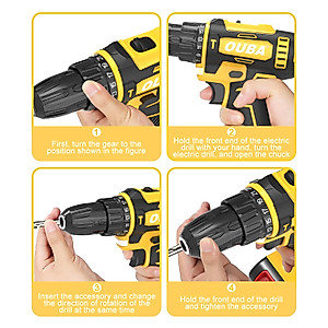 OUBA Cordless Drill Set, 12.8V Lithium Lon Power Drill Cordless with Battery and Charger, 2 Variable Speeds, 3/8" Keyless Chuck, 25+3 Torque Setting, Built-In LED, Electric Drills for Home (Yellow)