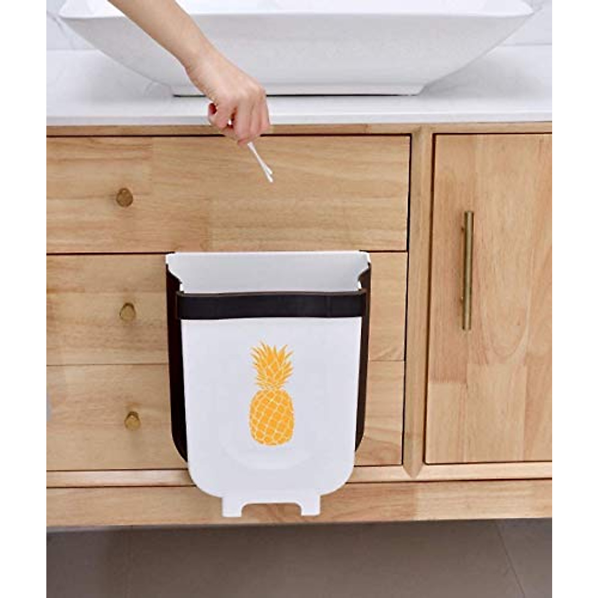 Hanging Trash Can for Kitchen Cabinet Door, Collapsible Trash Bin, Portable Home & Outdoor Garbage Can with Pineapple Logo + Free Large Bamboo Kitchen Dish Cloths(White)