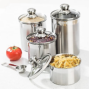 Airtight Canisters Sets for the Kitchen Counter - Stainless Steel Food Storage Containers with Glass Lids for Tea, Coffee, Sugar, Flour - Baking Dry Storage, Metal Pantry Canister - Medium 4PCS