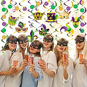 Mardi Gras Hanging Decorations - Mardi Gras Garland Crown Mask Sign for Masquerade Party Decorations Gold Green Purple Foil Swirl New Orleans Celebration Mardi Gras Party Supplies