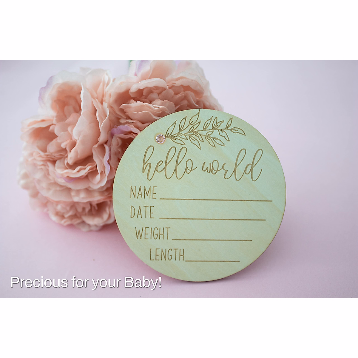 Baby Luv Hello World Announcement Sign with Custom Birthstone and Bonus Free Pen by BABY. Compact 4 Inch Birth Sign. Wooden Disc Announcements 1 Count. Newborn Sign-May, Green