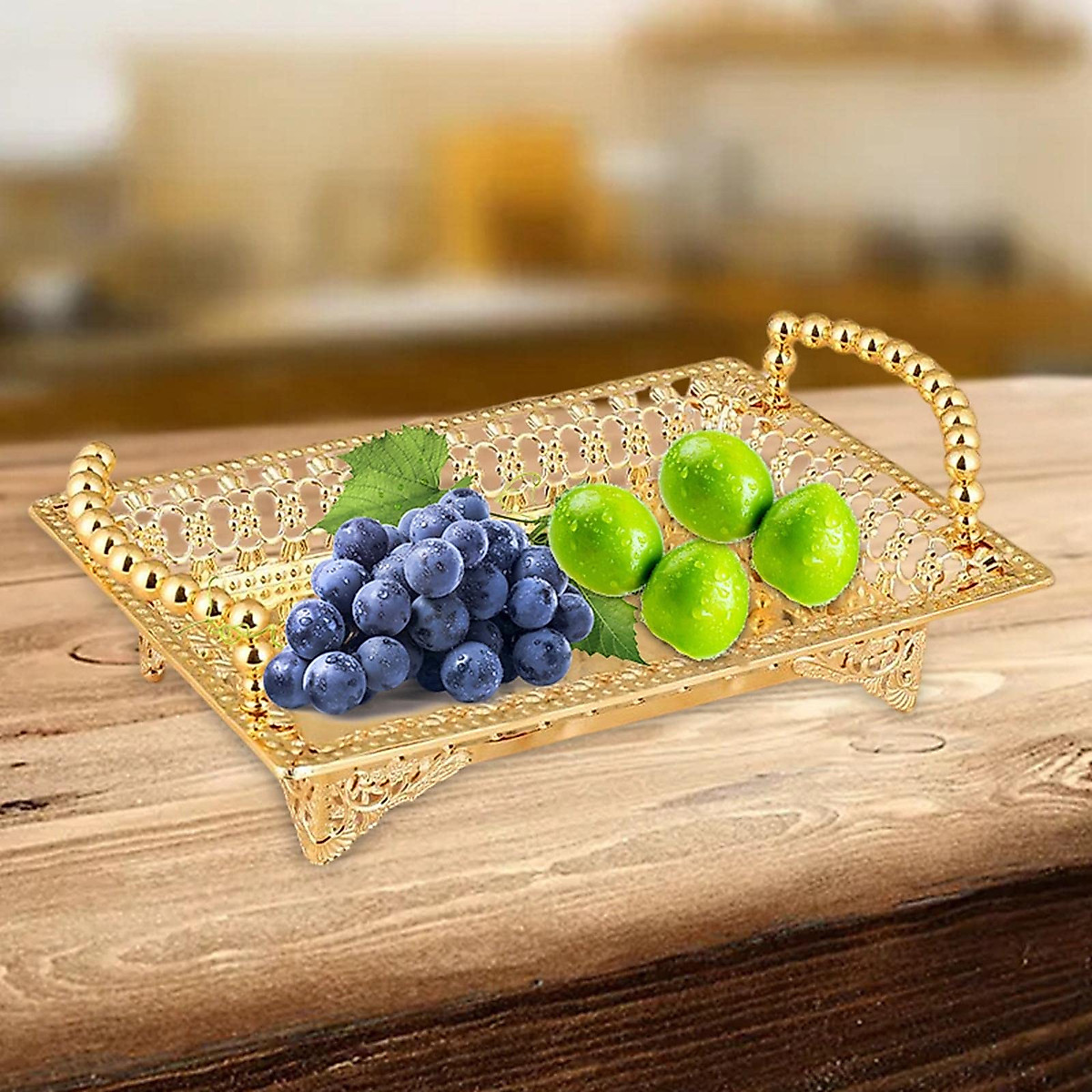 Luxury Serving Tray Golden Rectangle with Handle Srage Container Display Tray Serving Platter Table Organizer Food Tray for Restaurant, Large