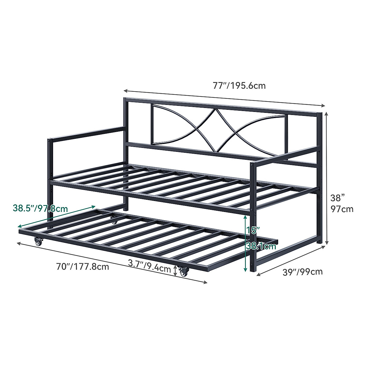 YITAHOME Twin Daybed with Pull Out Trundle, Metal Day Bed with Adjustable Height, Twin Size Mattress Foundation with Steel Slat Support for Guest Room Living Room - Black