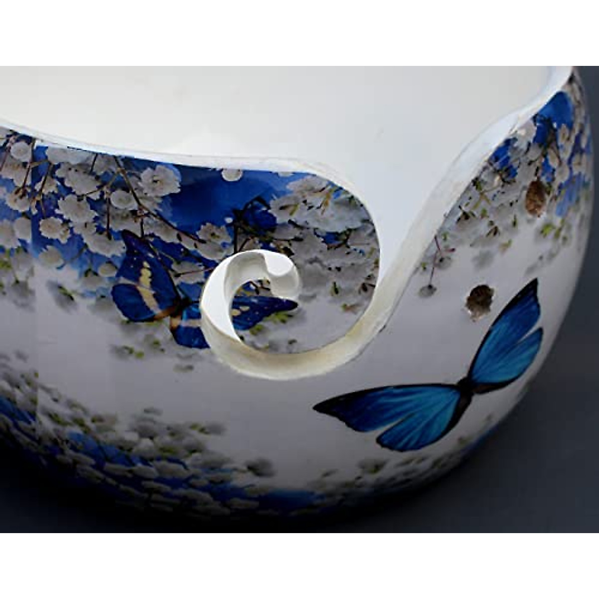 Handmade Wooden Yarn Bowl Crocheting Bowl Round Knitting Wool Storage Yarn Bowl Handmade with Holes with Crochet Hooks for Crocheting Knitting DIY Crafts Tools (Butterfly)