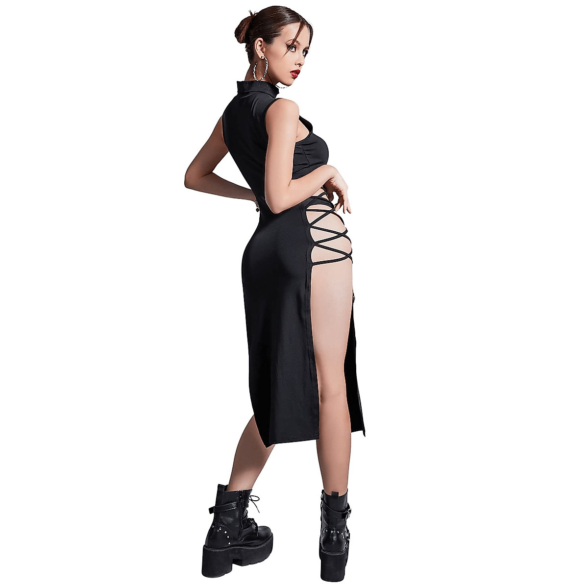 Verdusa Women's Crisscross High Split Mock Neck Sleeveless Midi Bodycon Dress Black L