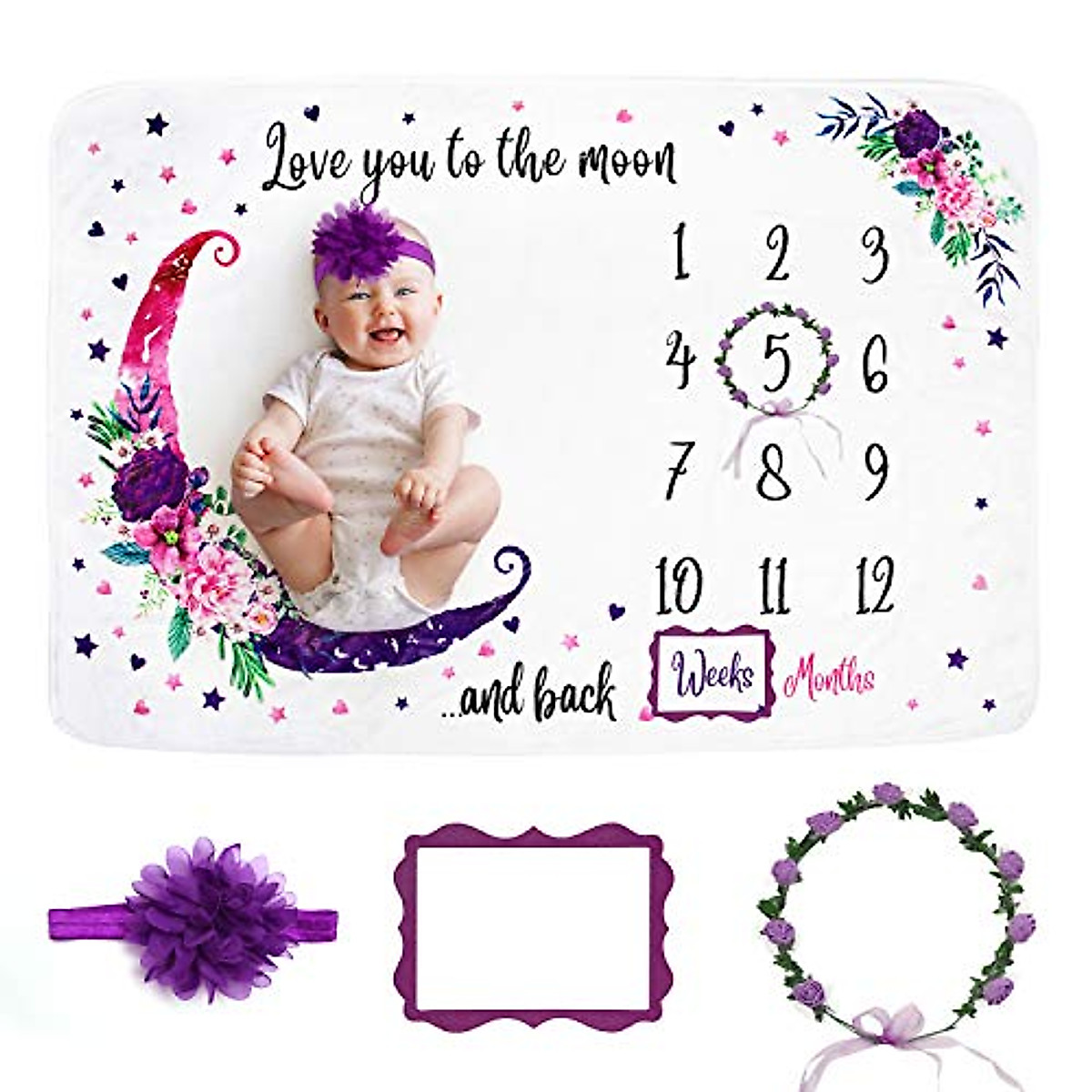Baby Monthly Milestone Blanket Girl - Extra Soft, Large (60"X40") Thick Fleece - Baby Growth Chart Blanket - Baby Age Blanket for Photos - Baby Month Blanket - Includes Headband, Floral Wreath, Frame
