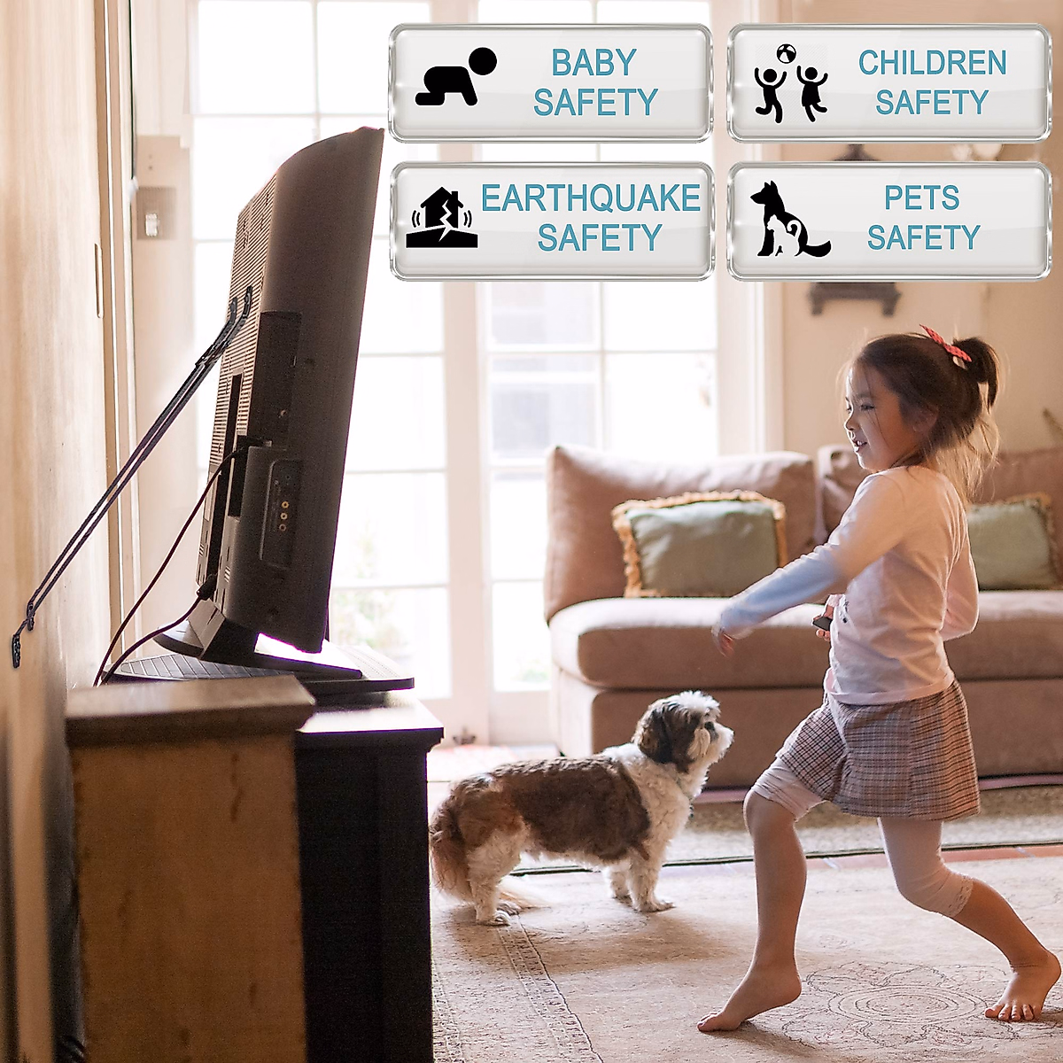 Furniture Anchors for Baby Proofing, Anti-tip TV Straps Safety, All Metal Parts, 4 Pack - Black