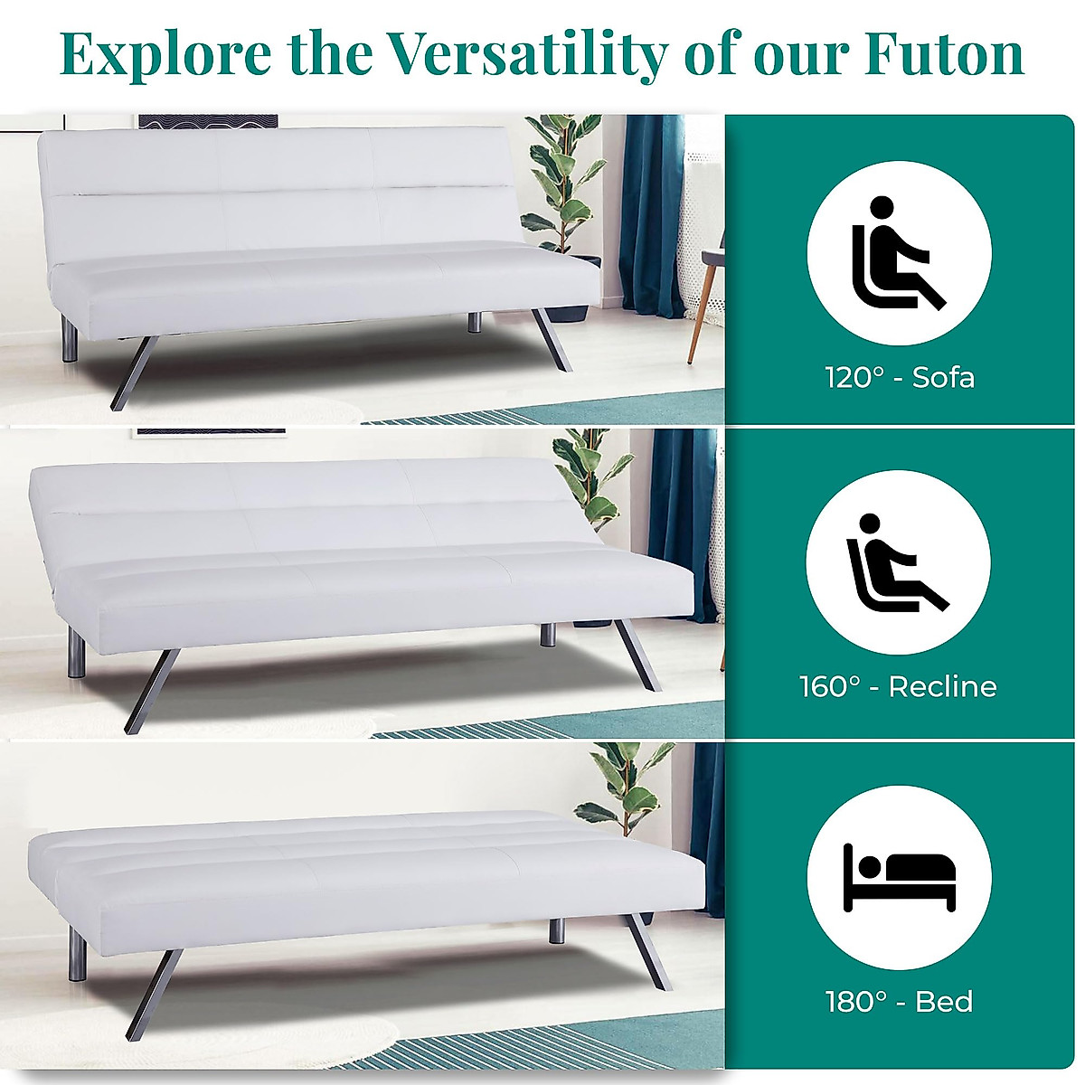 Naomi Home Faux Leather Futon Couch, Modern Convertible Folding Sofa Bed Couch Futon Sofa Bed with Chrome Legs, Reclining Mini Couch, Leather Futon Small Couch for Bedroom Living Room White