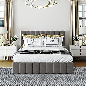 TARTOP Queen Upholstered Platform Bed with Gas Lift up Storage, Queen Bed Frame with Storage Underneath and Tufted Headboard, Wooden Platform Bed with Hydraulic Storage System,Gray