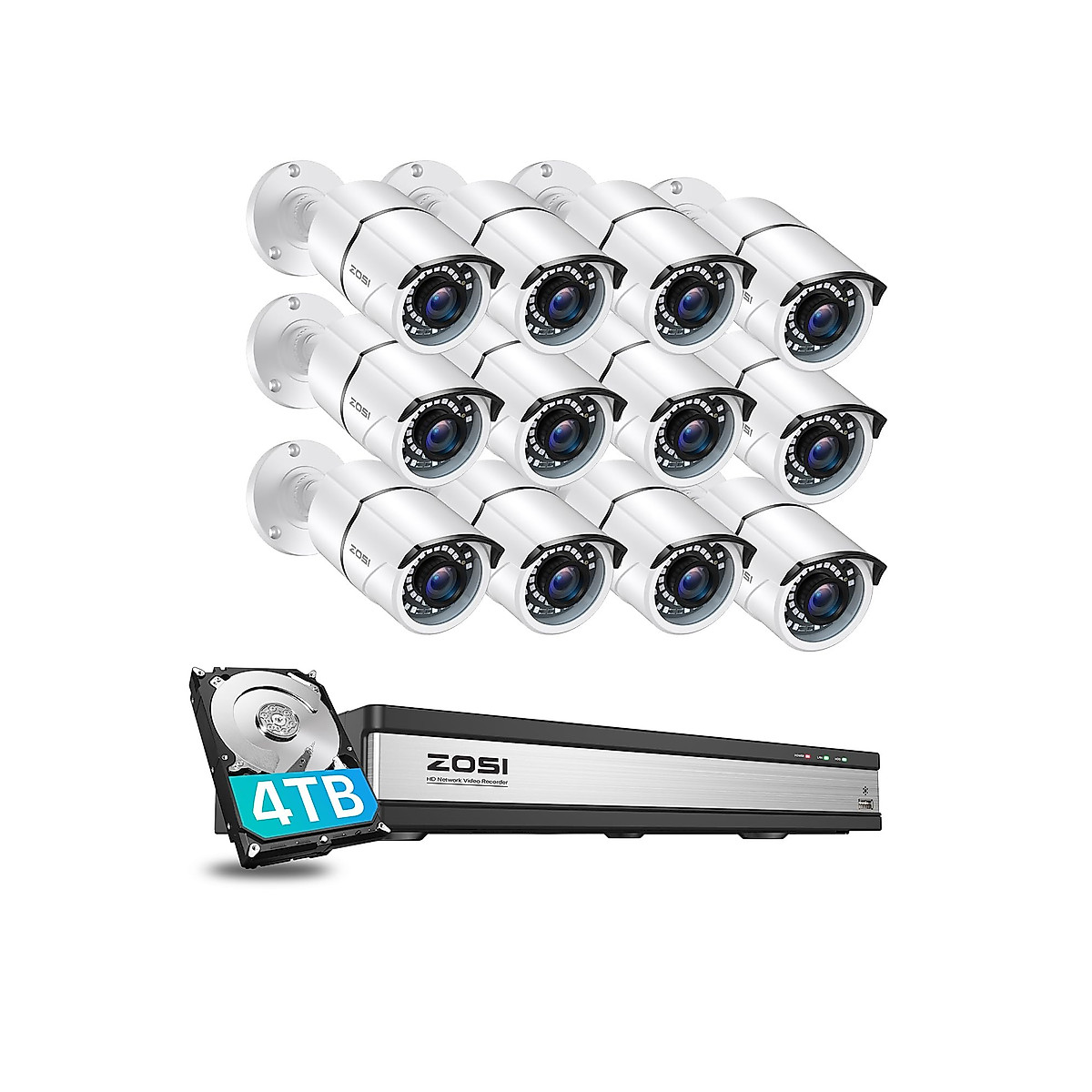ZOSI H.265+ 1080p 16 Channel Home Security Camera System, 16CH DVR with AI Human Vehicle Detect, 12 x 1080p Surveillance Camera Outdoor, 120ft Night Vision, 105°Wide Angle, Remote Access, 4TB HDD