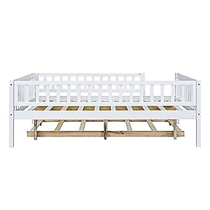 Vierniya Kid Bed with Fence and Trundle Full Size Trundle Bed with Rails, Wooden Toddler Daybed Montessori Bed for Boys Girls, White