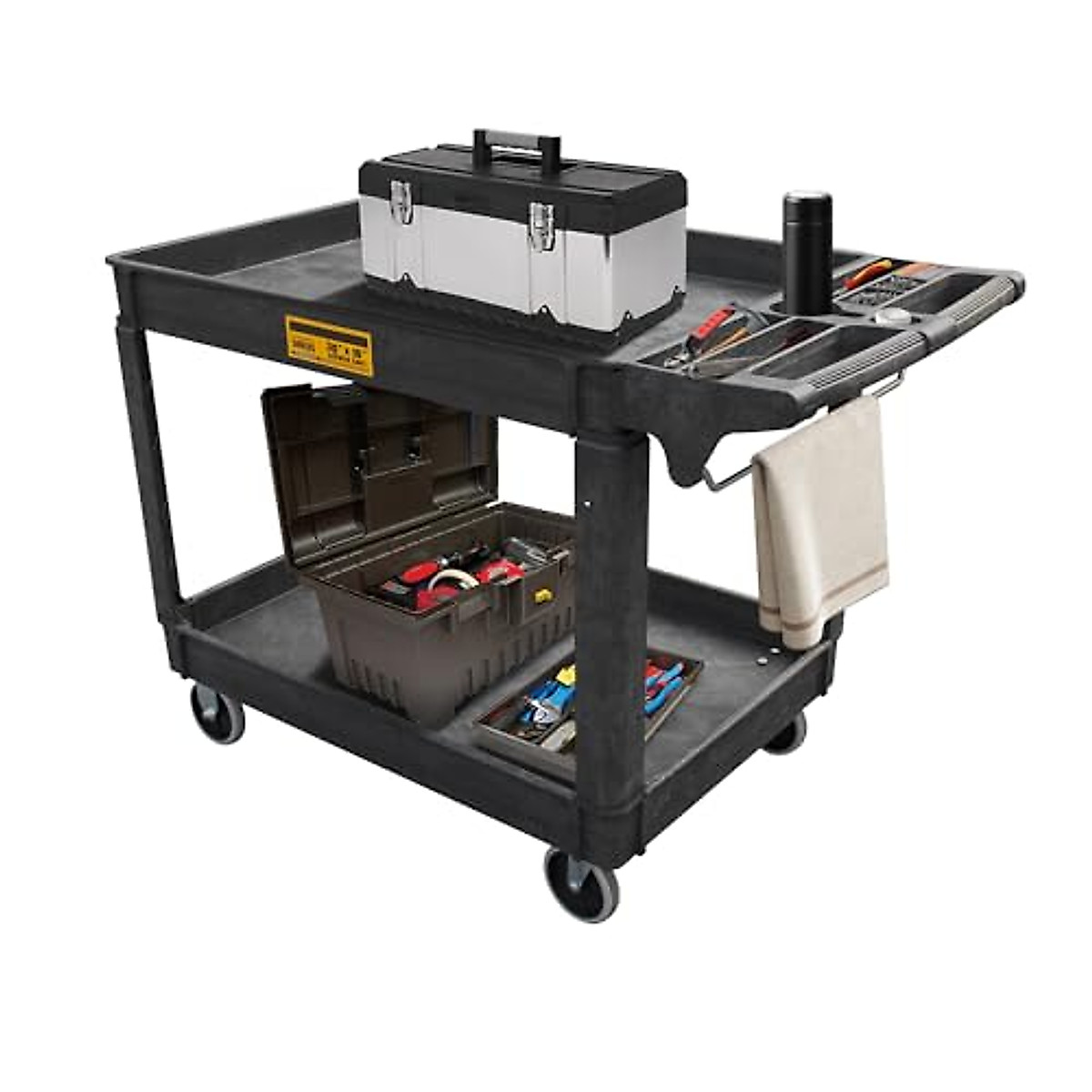 Utility Service Cart, 2-Shelf 500LBS Heavy Duty Plastic Rolling Utility Cart with 360° Swivel Wheels, Lipped Shelves, Ergonomic Storage Handle for Warehouse/Garage/Cleaning/Manufacturing