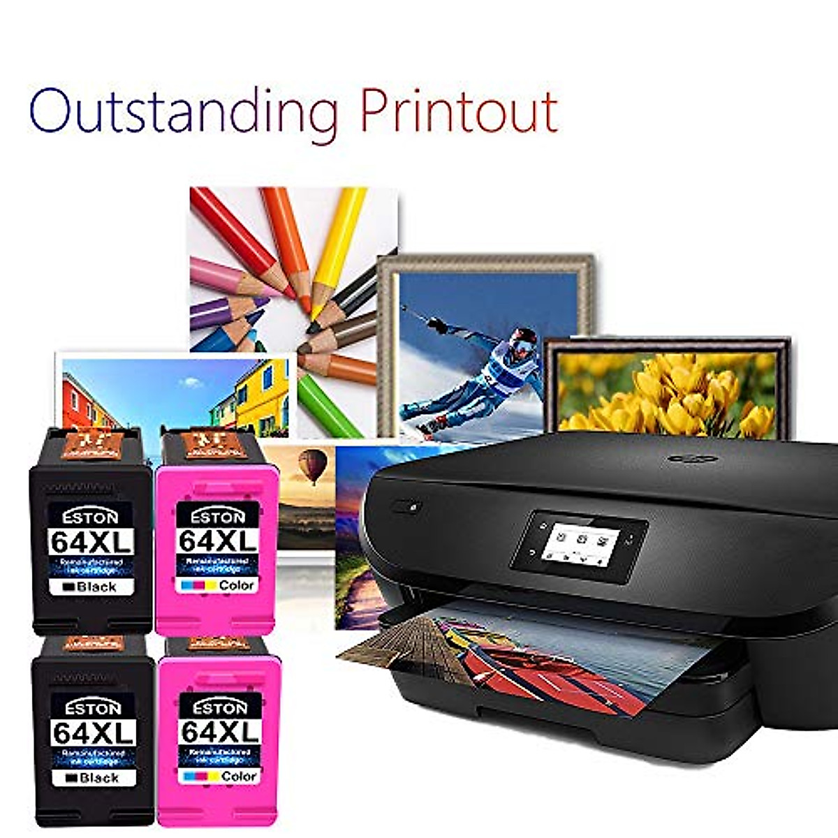 ESTON 64XL Remanufactured Replacements for HP 64XL 64 XL Black & Tri-Color Ink Cartridges, 4 Pack (N9J91AN N9J92AN) for HP Envy Photo 6252 6255 6258 7155 7158 7164 7855