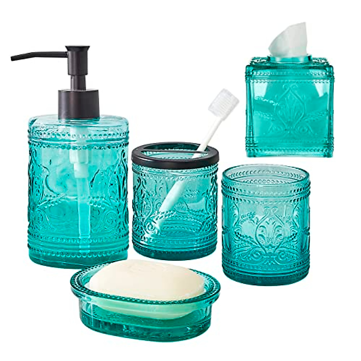 5PCs Teal Blue Glass Bathroom Accessories Set with Decorative Pressed Pattern - Includes Hand Soap Dispenser & Tumbler & Soap Dish & Toothbrush Holder & Tissue Box Holder (Teal Blue)
