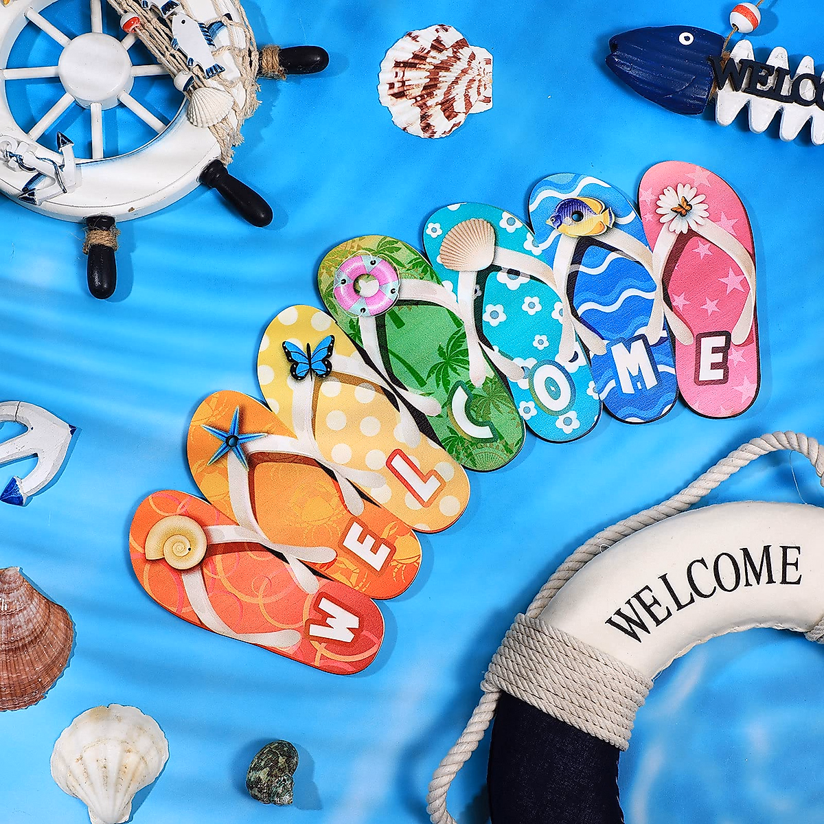 Summer Slippers Hanging Sign Shape Welcome Hello Flip Flop Wooden Door Plaque Rustic Wall Sign Yard Indoor Outdoor Garden Decoration with Rope (Welcome)