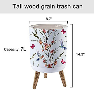Small Trash Can with Lid Seamless Floral with Hand Drawn Hummingbirds Tropical Japanese Flowers Round Recycle Bin Press Top Dog Proof Wastebasket for Kitchen Bathroom Bedroom Office 7L/1.8 Gallon
