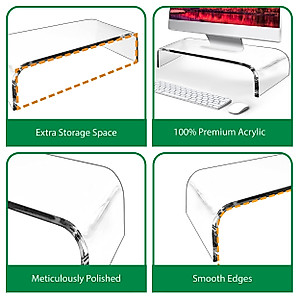 AMT Acrylic Laptop Monitor Stand & Computer Riser with Cat Keyboard Protector, Space-Saving Design, Extra Storage, Clear Shelf - Ideal for Monitors, Laptops, Printers, Desktop Decor
