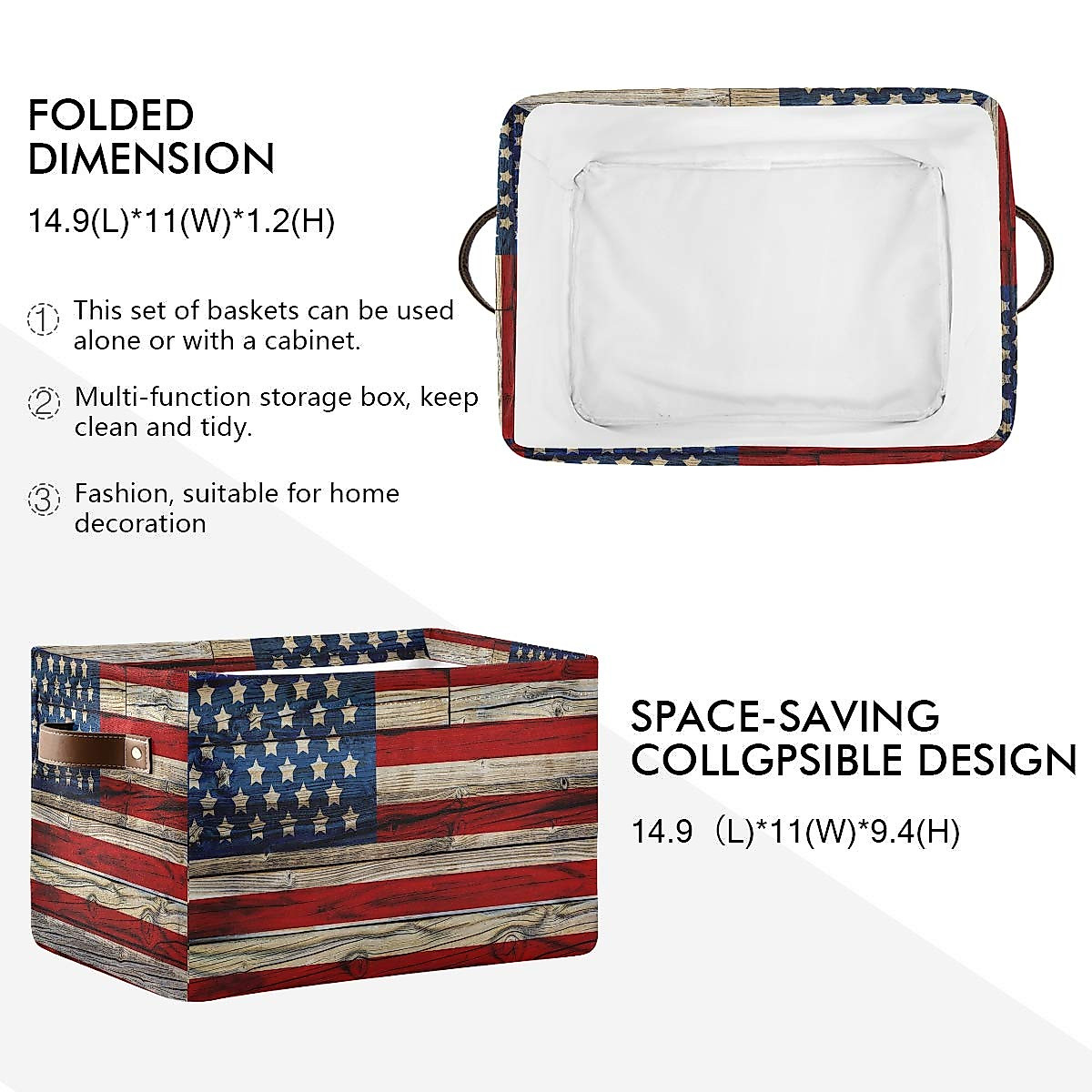 AUUXVA American Flag Patriotic Wooden Storage Basket Bin Memorial Day Large Fabric Toys Storage Cube Box with Handles Collapsible Closet Shelf Cloth Organizer Basket for Nursery Bedroom Bathroom