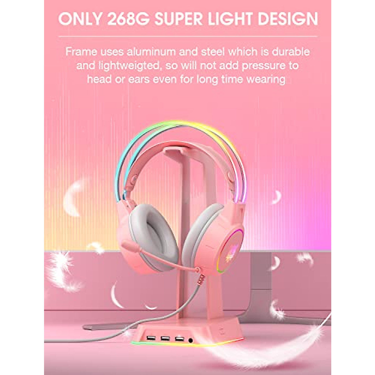 SIMGAL Gaming Headset with Mic, 3.5mm Lightweight Headphones with RGB Aluminum Frame, Surround Sound, Compatible with PS4 PS5 Xbox One(Adapter Not Included) PC Mobile Phone (Pink Without Antler)