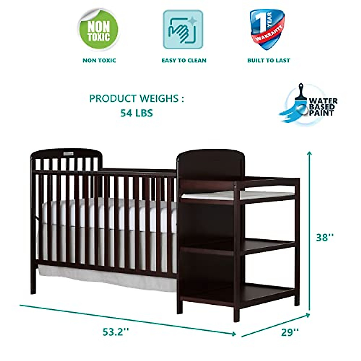 Dream On Me Anna 3-in-1 Full-Size Crib and Changing Table Combo in Espresso, Greenguard Gold Certified, Non-Toxic Finishes, Includes 1" Changing Pad, Wooden Nursery Furniture