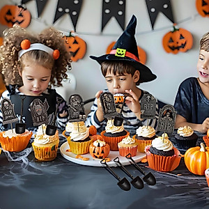 INACORN 48PCS Halloween Cupcake Toppers - Halloween Cake Decorations & Halloween Birthday Party Decorations - Graveyard Tombstone Cupcake Toppers with Novelty Mini Shovel Spoons