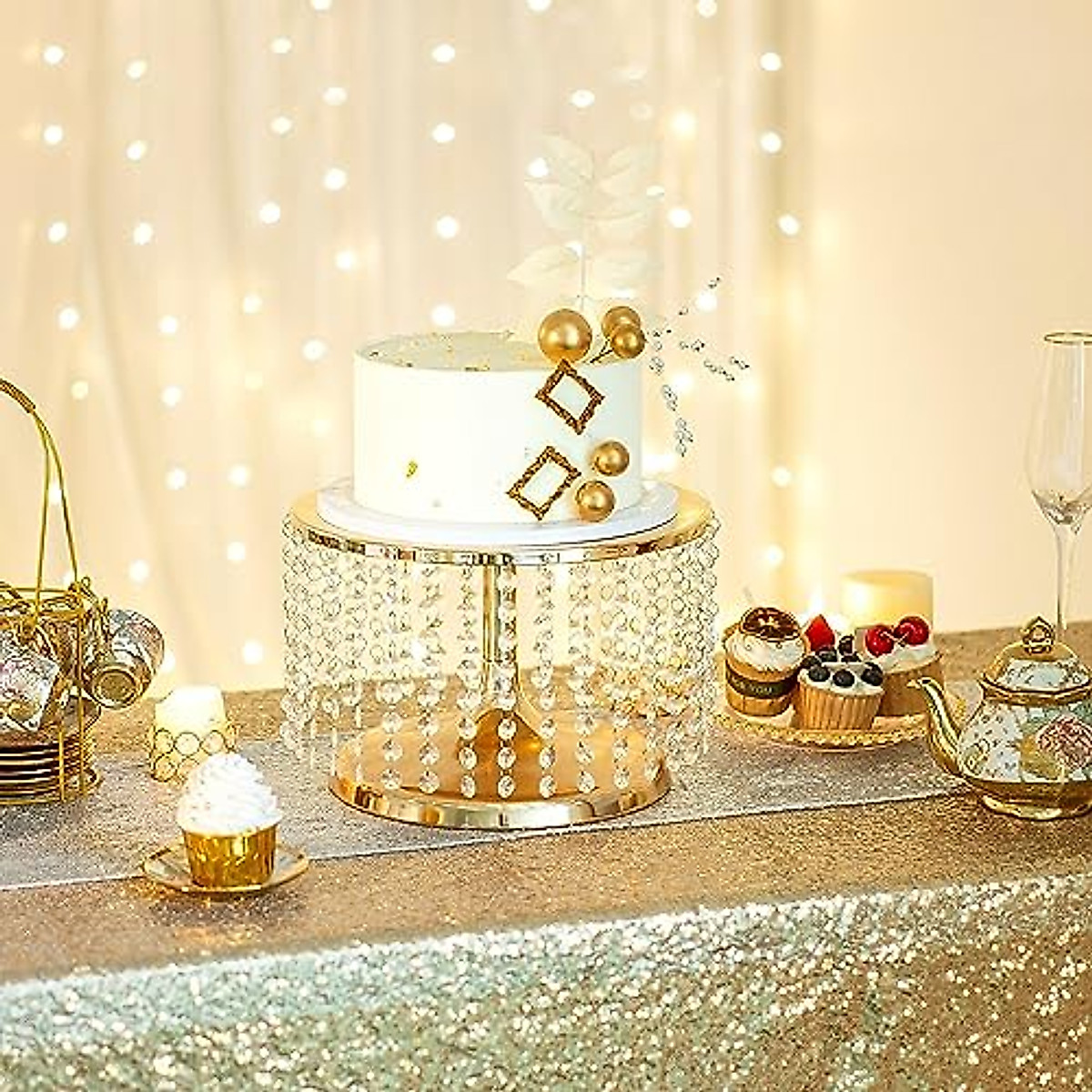 8 Inch Tall Wedding Gold Cake Stand - 12" Dia Round Base Cake Serving Stand with Crystal Chandelier, Dessert Cupcake Pastry Candy Display Plate for Weddings, Birthdays and Special Occasions
