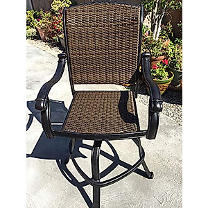 Sunvuepatio 9 Piece Fire Pit Patio Dining Outdoor Bar Set Santa Clara Swivels Barstools Table Cast Aluminum Wicker Furniture.