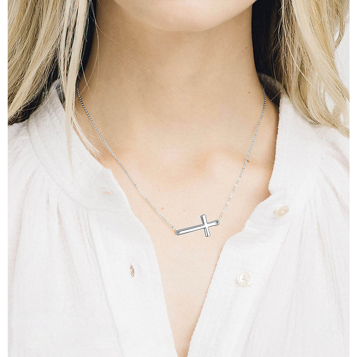 Rnivida Sterling Silver Sideways Cross Necklace Horizontal Side Cross Pendant Necklace for Women,18" ~ 20"