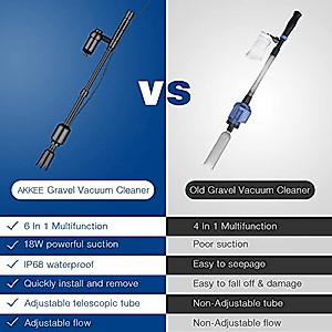 AKKEE Electric Aquarium Gravel Cleaner Vacuum, Fish Tank Cleaner 6 in 1 Automatic Water Changer Filter for Washing Sand Removable Siphon Vacuum Gravel Cleaner 18W IP68 Waterproof Safer Black Style