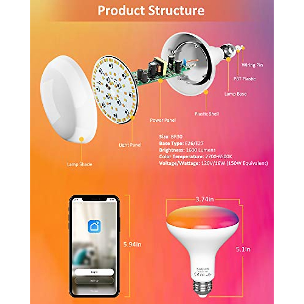 KHSUIN WiFi Smart Light Bulbs 150W Equivalent, 16W Dimmable 1600LM BR30 Flood Smart Bulb Works with Alexa Google Home No Hub, E26 Color Changing LED Alexa Light Bulb, 2700K-6500K RGBCW CRI>90, 4 Pack