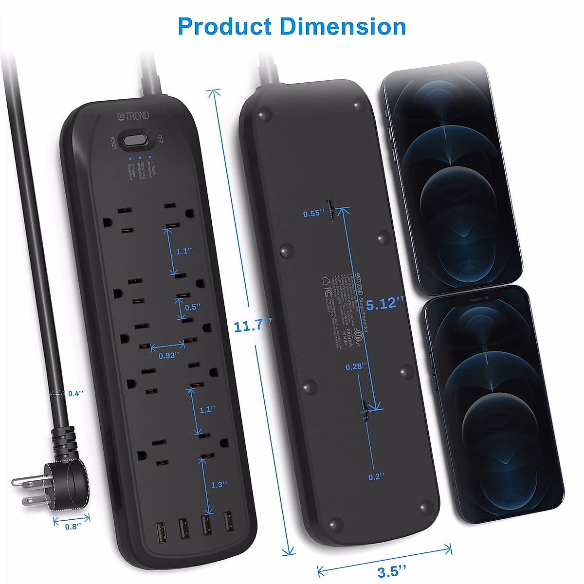 High Joules Power Strip Surge Protector (2x4000J), TROND 6 ft Extension Cord Black Safe Power Strip with Dual Surge Protection 10 Outlets 4 USB Charger, Flat Plug Power Strip for Christmas Lights
