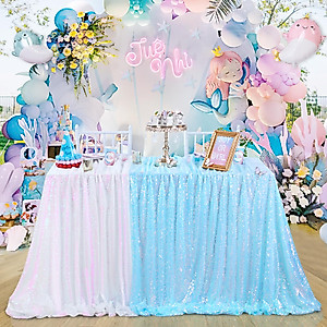 QueenDream Sequin Rectangular Table Cloth 60x102 Inch Blue Iridescent Sparkle Tablecloth Overlay for Wedding Birthday Baby Shower Bridal Outdoor Banquet Decoration