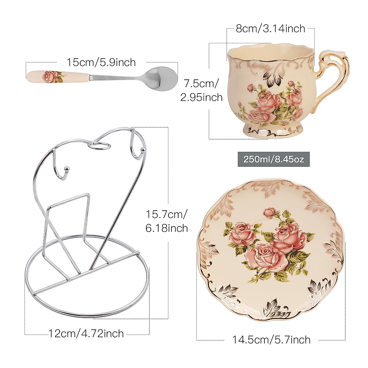 YOLIFE Tea Cups and Saucers Set of 2, Porcelain Floral Tea Cups Set with Holder, Fancy Vintage Tea Cups 8 oz