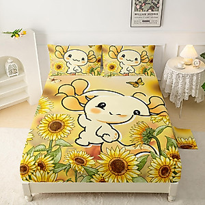 QOOMO Cartoon Axolotl Soft Microfiber Bed Sheets Sunflower Kids Sheets Set Kawaii Animal Super Soft Kids Bedding Set Breathable Room Decoration Queen Size 1 Fitted Sheet, 1 Flat Sheet, 2 Pillow Cases