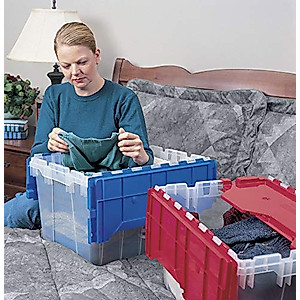 Akro-Mils 6648612-Gallon Plastic Stackable Storage KeepBox: Tote Container with Attached Hinged Lid, 21-1/2-Inch x 15-Inch x 12-1/2-Inch, Clear/Red